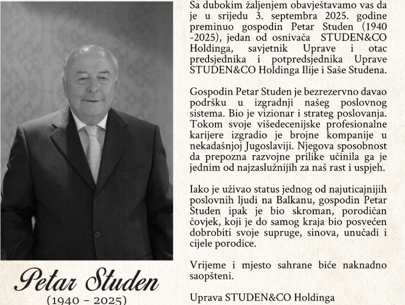 Preminuo Petar Studen, jedan od osnivača Studen&CO Holdinga
